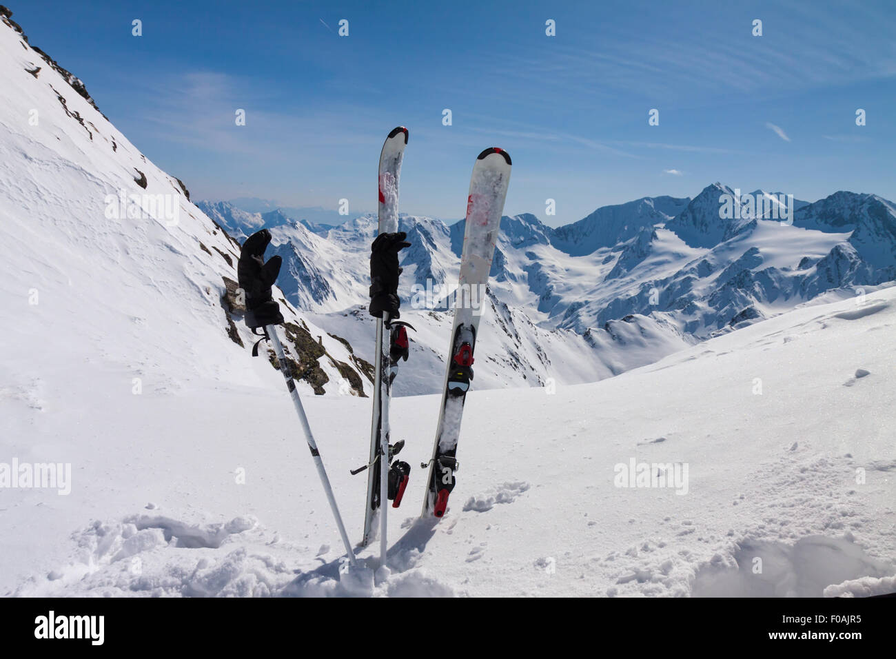 Skiing, winter season , mountains and ski equipments on ski run Stock ...
