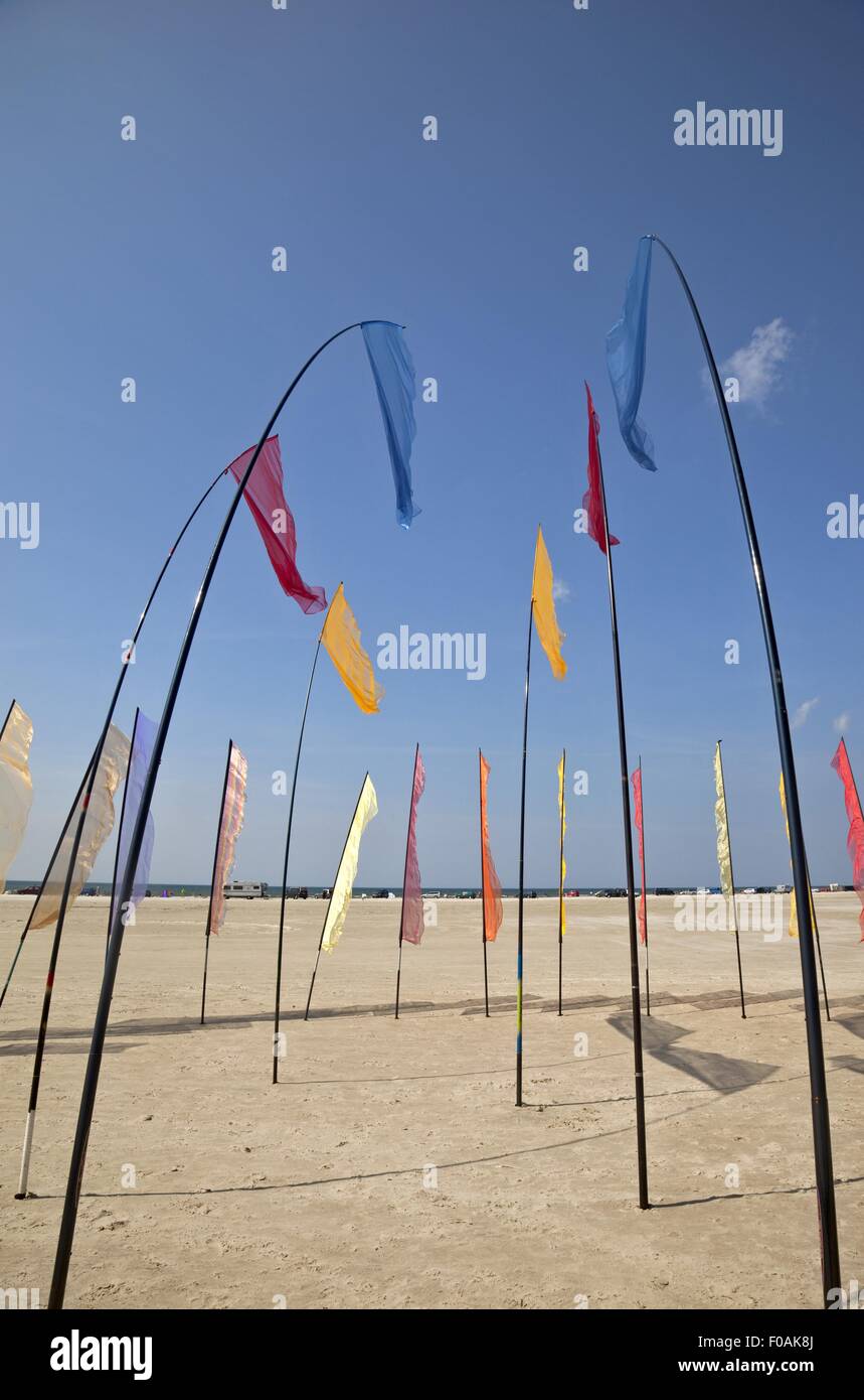 Multi coloured flags at kite festivals at Fano beach, Denmark Stock ...