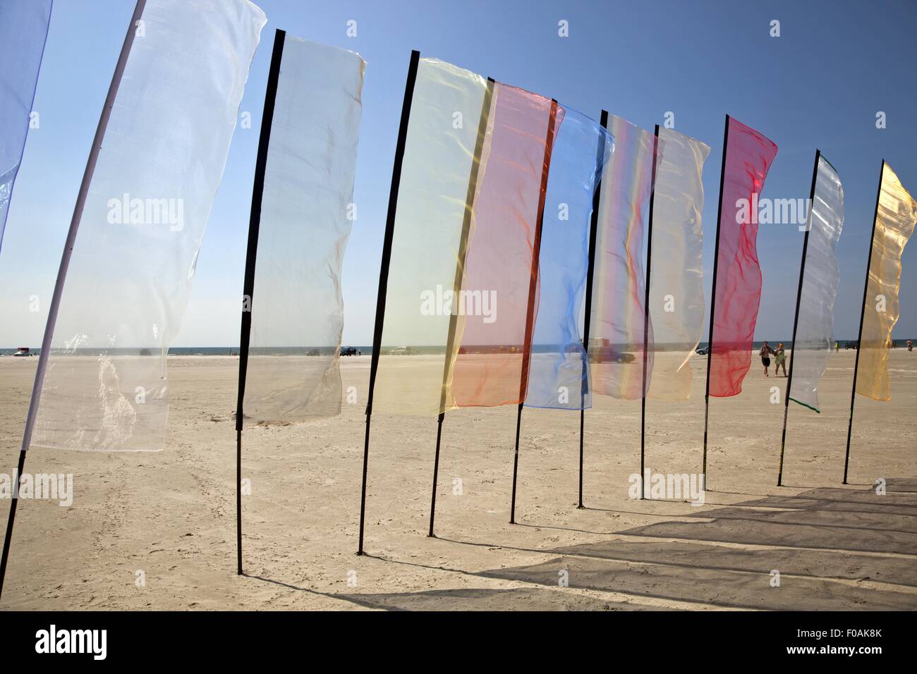 Multi coloured flags at kite festivals at Fano beach, Denmark Stock ...
