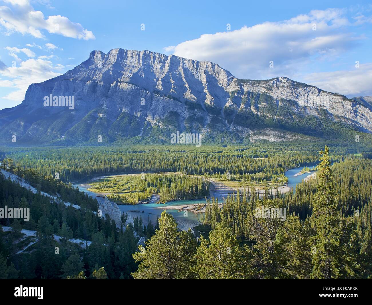 View of Mount Rundle, Bow river and Valley through Banff National Park ...