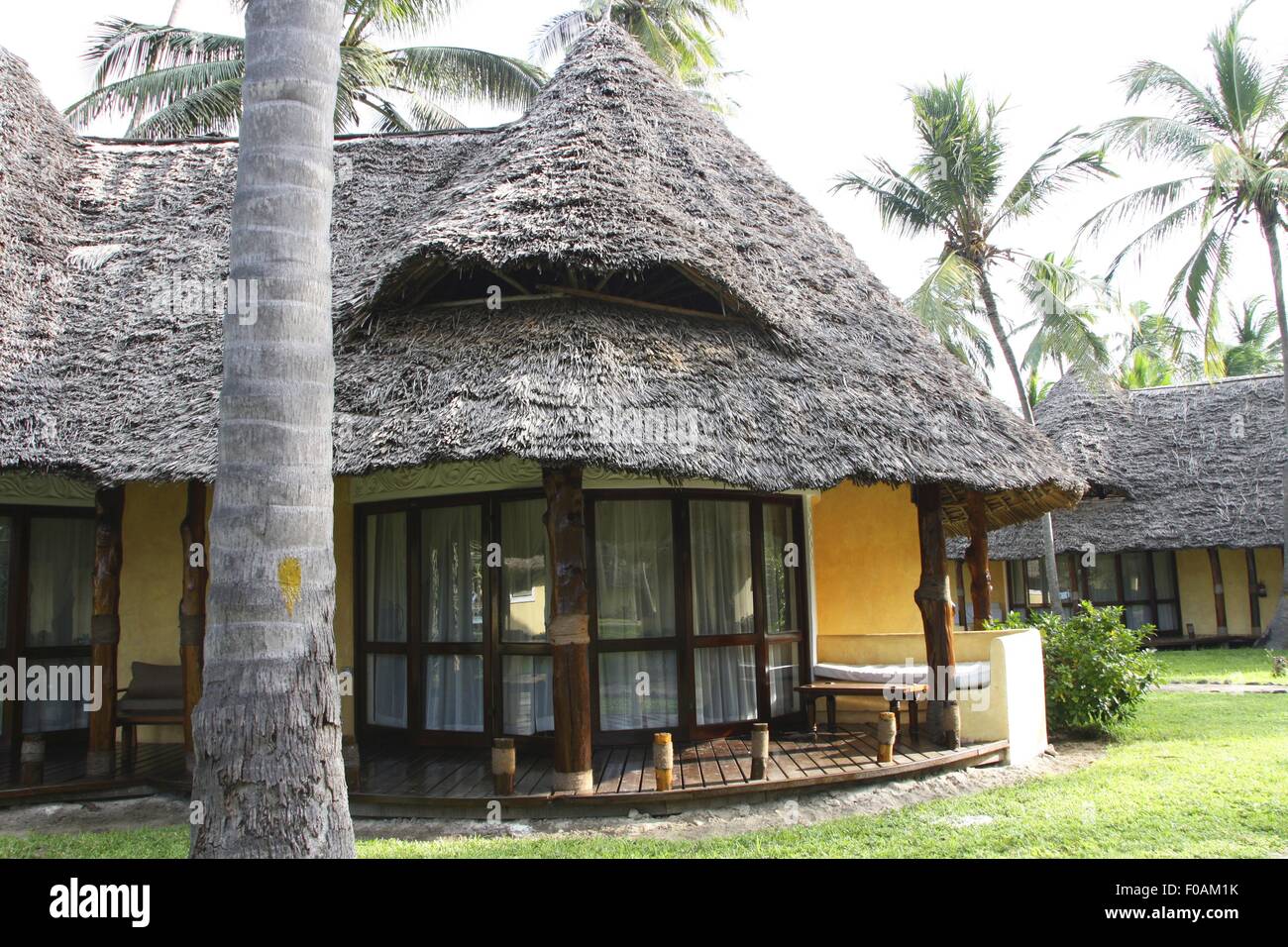 Coconut trees and thatched houses in Zanzibar Island, Tanzania, East ...