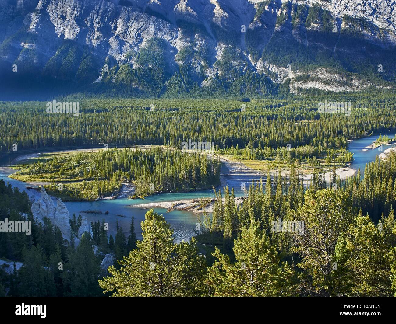 View of Mount Rundle, Bow river and Valley through Banff National Park ...