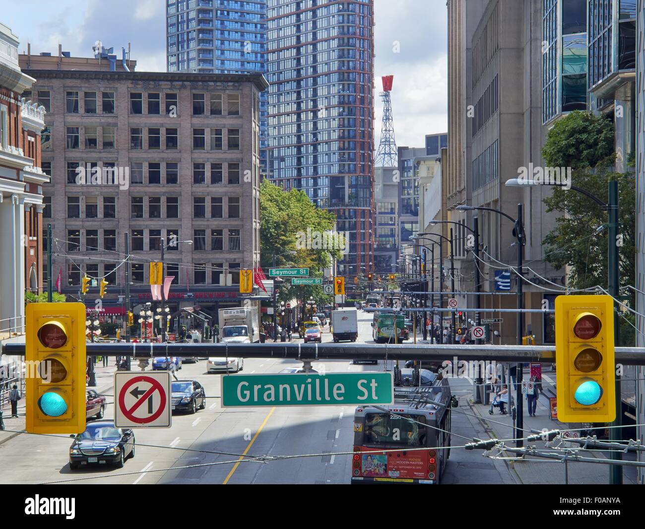 View of Granville street corner in Vancouver, British Columbia, Canada ...