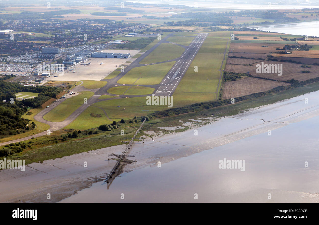 aerial view down the runway approach of Liverpool John Lennon Airport ...
