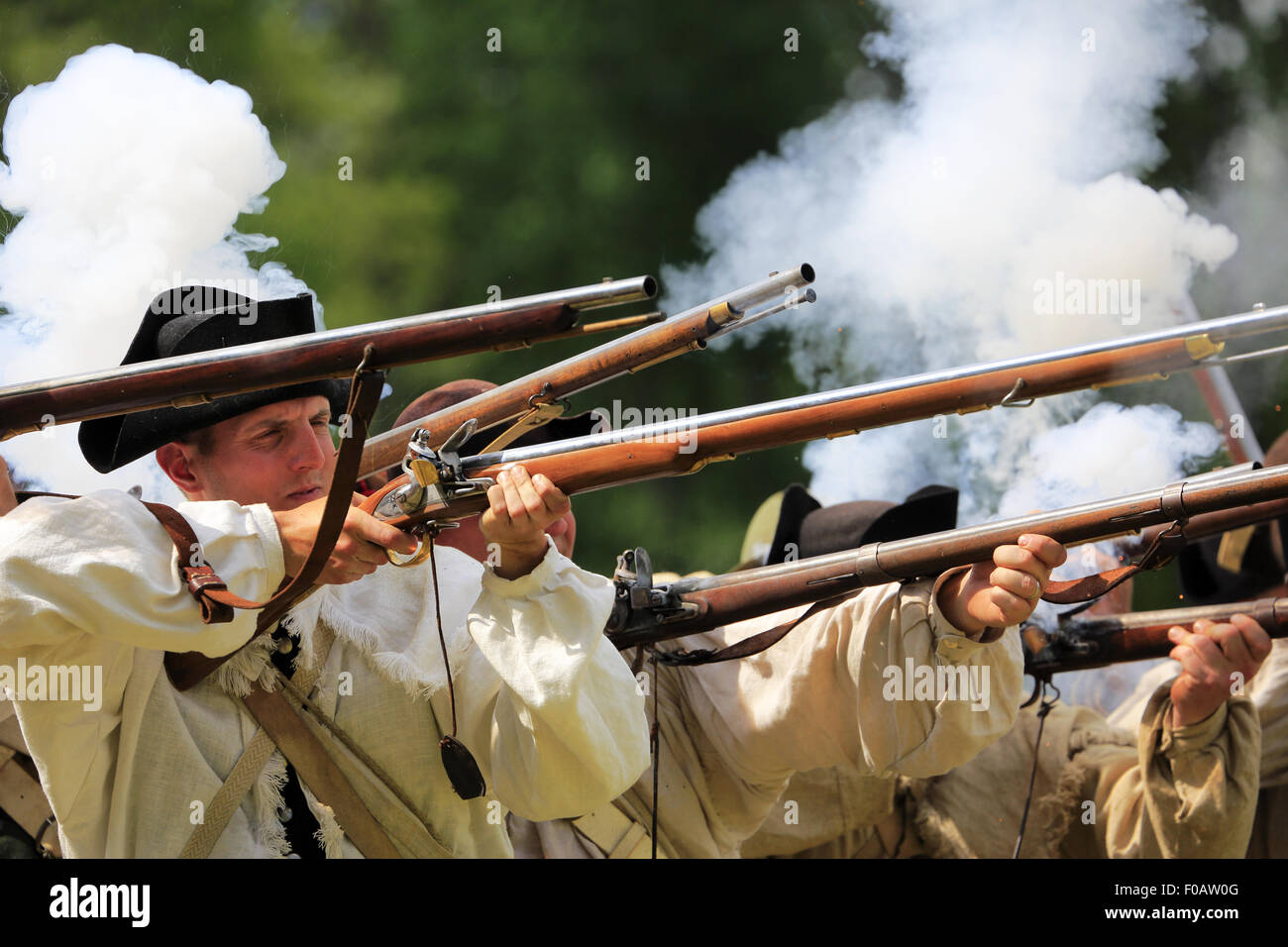 Continental Army soldiers firing muskets during Revolutionary War ...