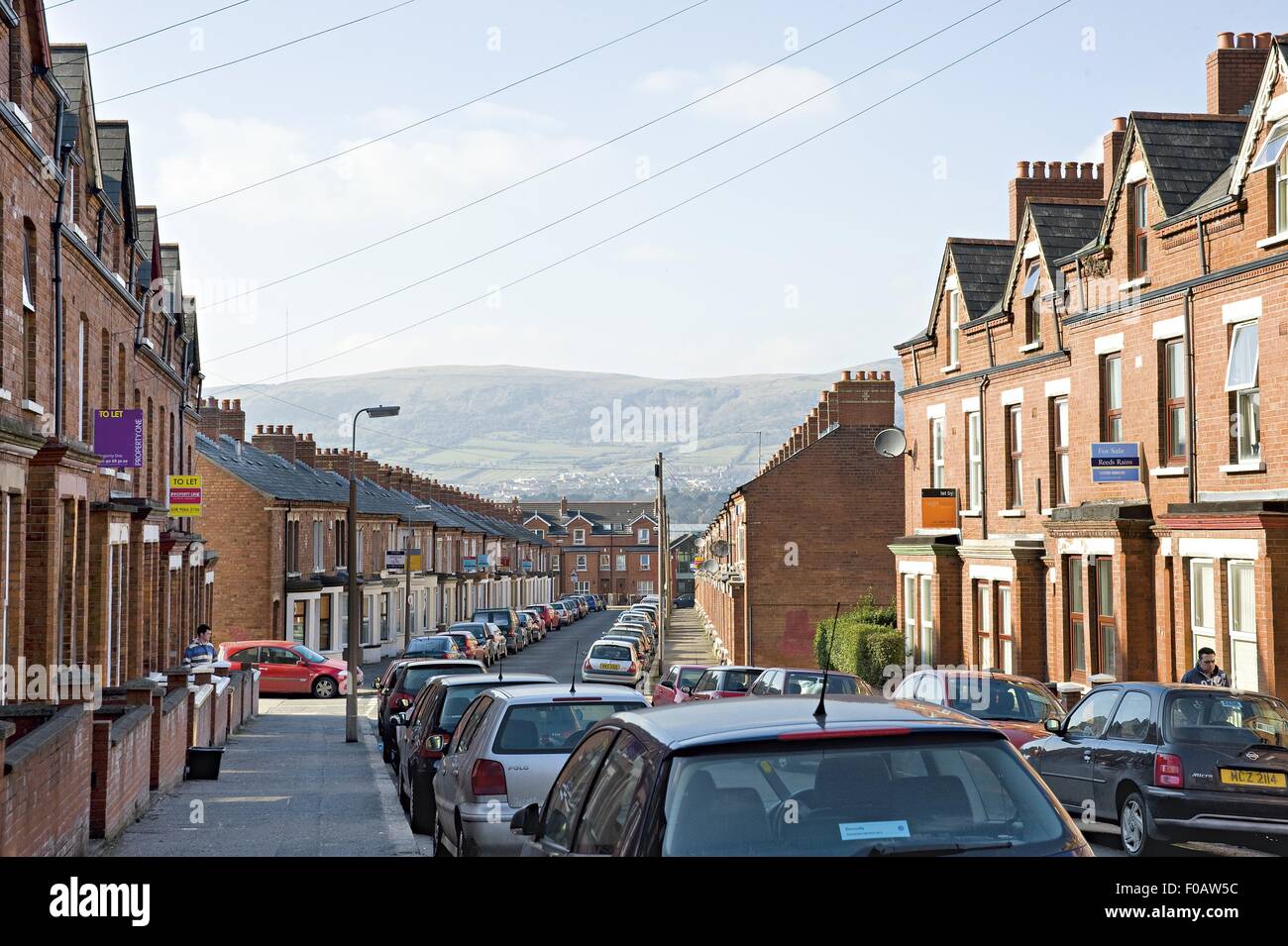 View of houses and vehicles on street at Belfast, Northern Ireland ...