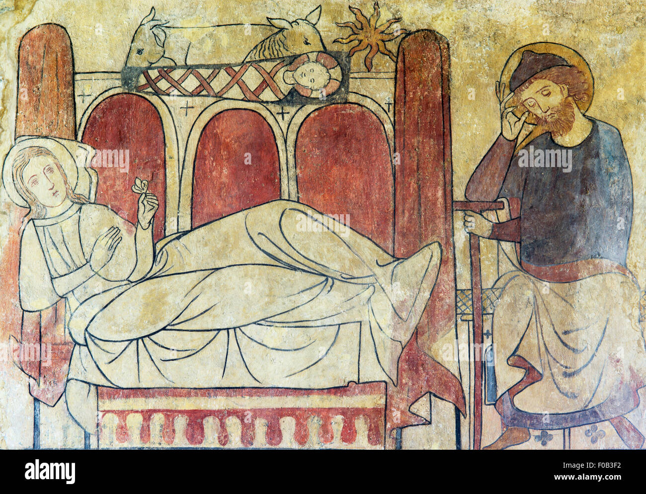 The Christian story of The Nativity as depicted in a medieval wall ...