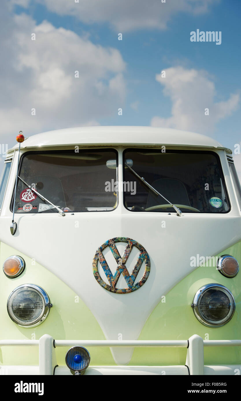 Green and white VW Split Screen Volkswagen camper van at a VW show ...