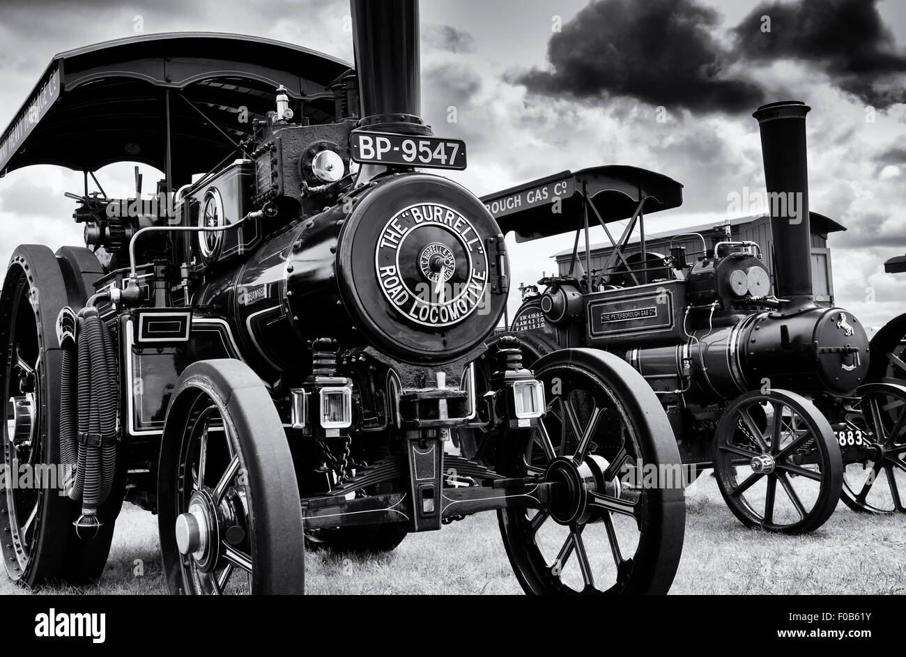 Showmans Traction Engine at a steam fair in England. Black and White ...