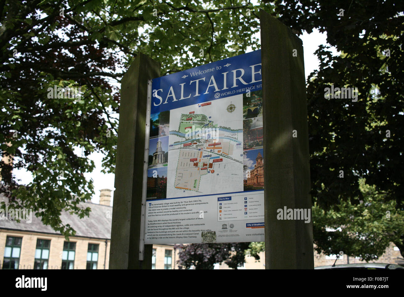 Information sign with map of Saltaire, West Yorkshire, for tourists ...