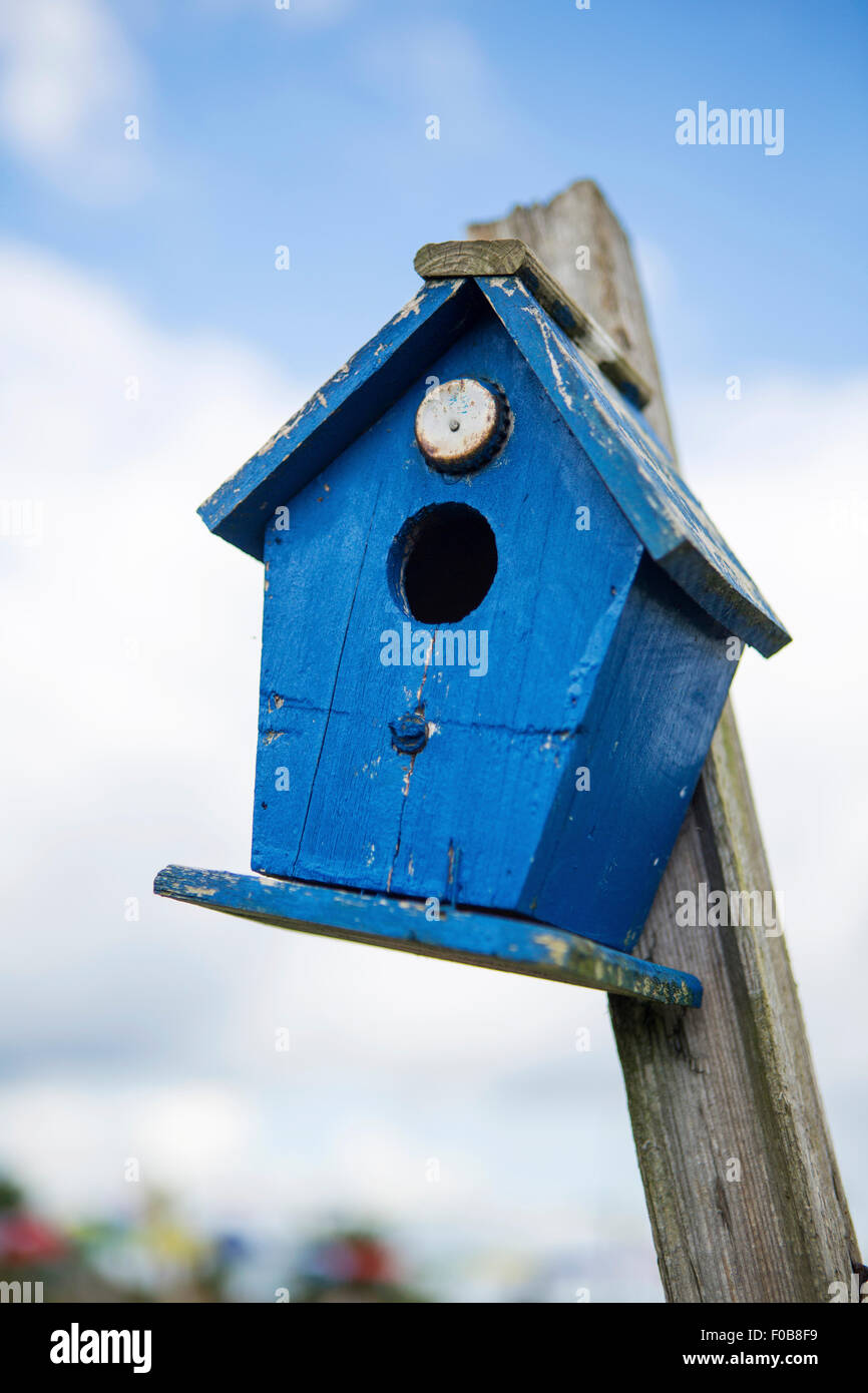 blue bird house in front of blue cloudy sky Stock Photo - Alamy