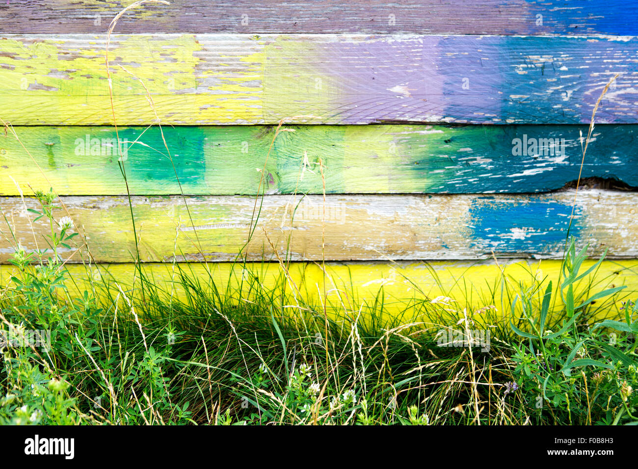 colorful wooden fence painted and with grass Stock Photo - Alamy
