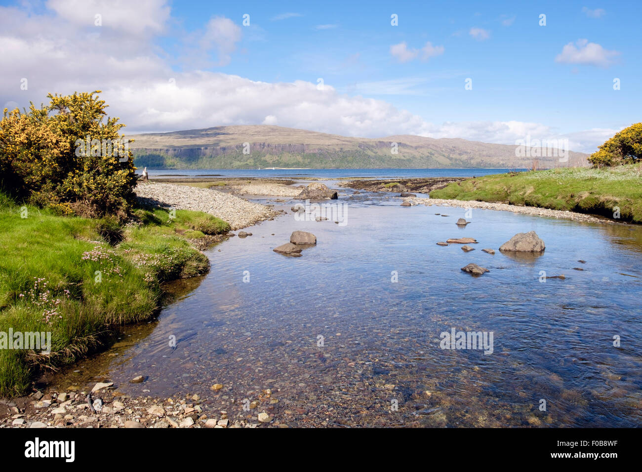 View along small river flowing into Sound of Mull on east coast ...