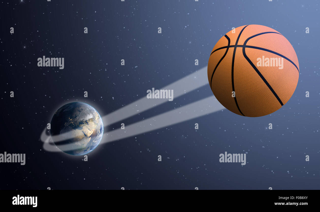 A sporting concept showing a regular basketball ball swooshing out and ...