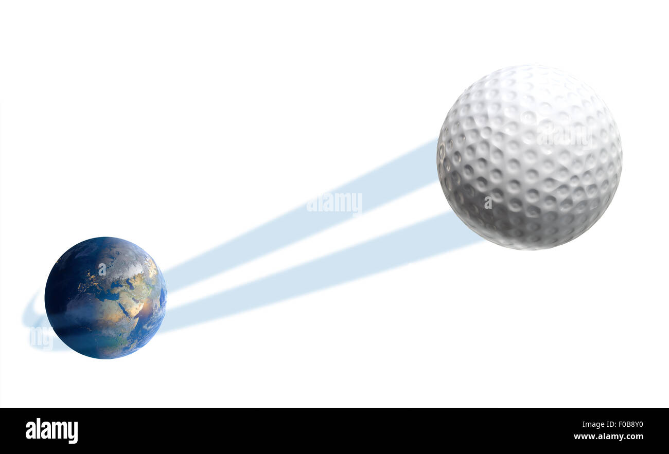 A sporting concept showing a regular golf ball swooshing out and above ...