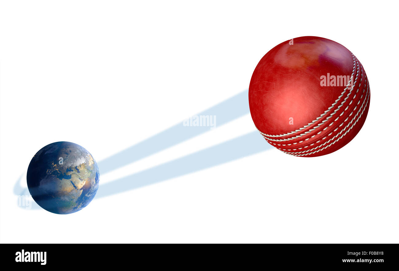 A sporting concept showing a regular red cricket ball swooshing out and ...