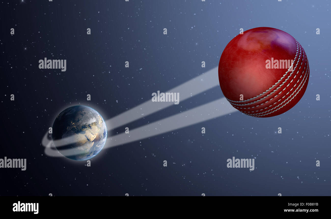 A sporting concept showing a regular red cricket ball swooshing out and ...