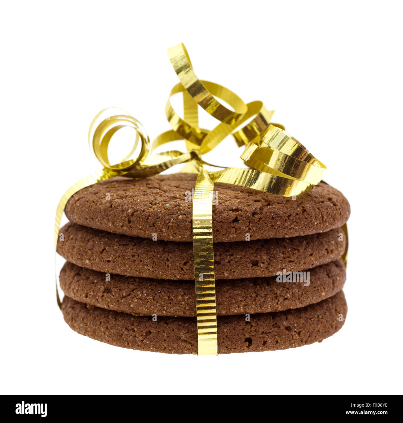 A small stack of freshly baked chocolate cookies that have been tied ...
