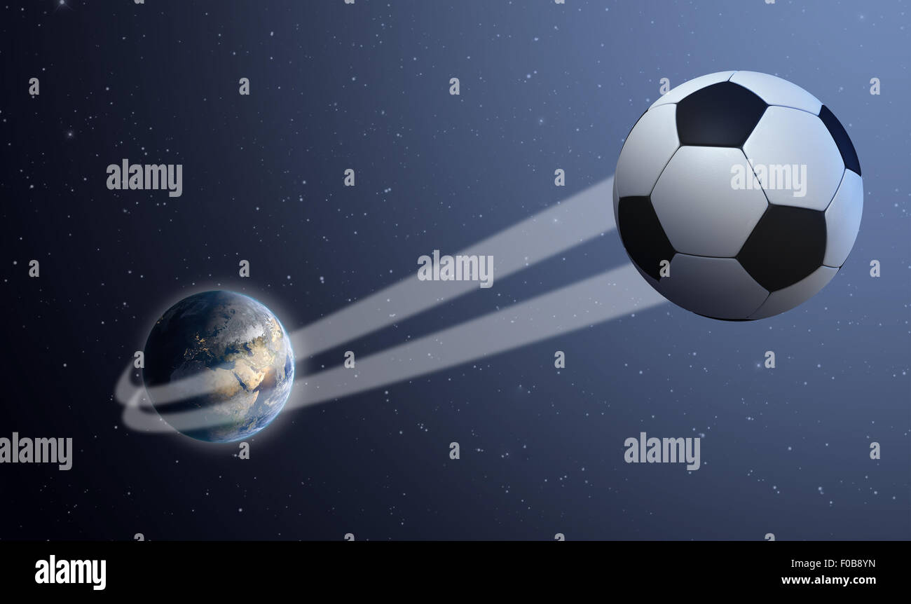 A sporting concept showing a regular soccer ball swooshing out and ...