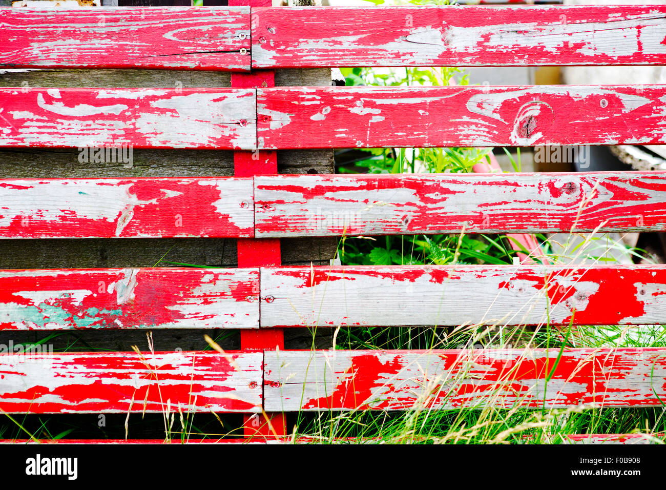 colorful red wooden fence painted and with grass Stock Photo - Alamy