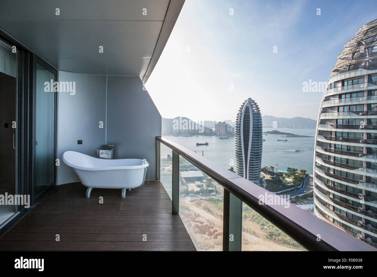 Balcony overlooking sea, China Stock Photo - Alamy