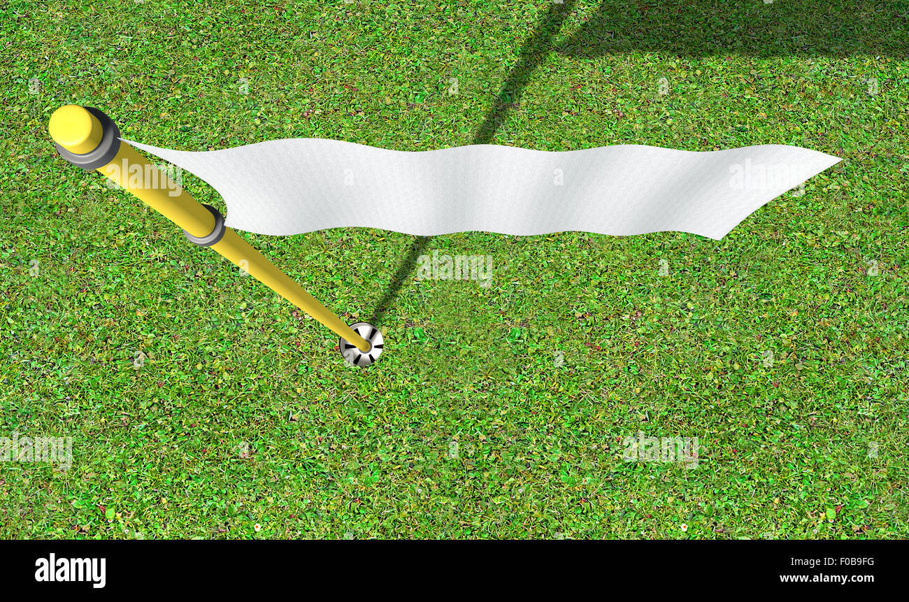 A closeup of regular golf flag and hole on an isolated white studio ...