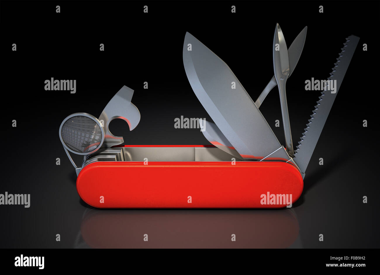 A close up view of a multipurpose penknife with a blade and saw on an ...