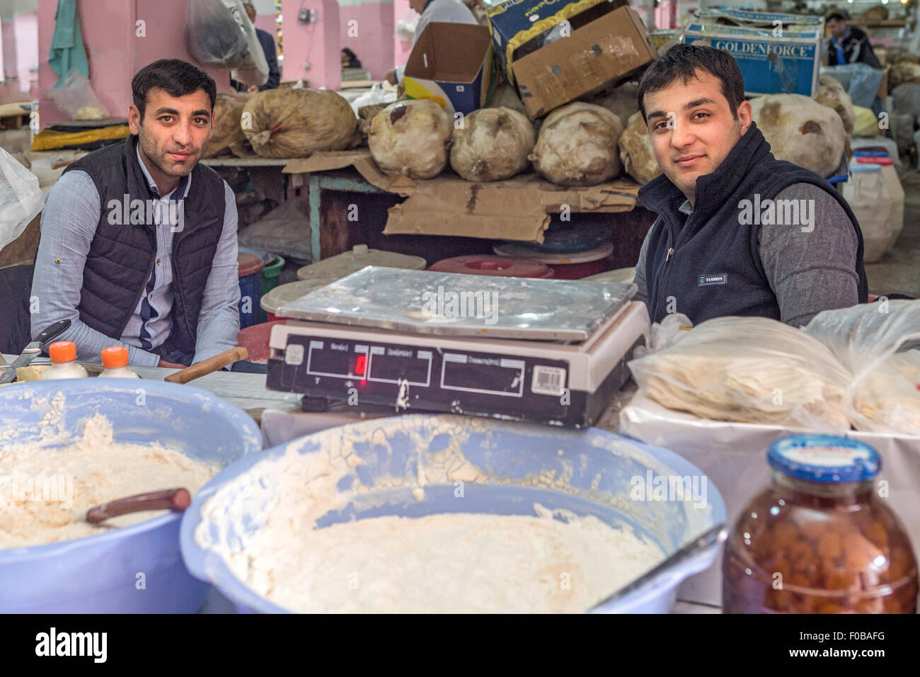 Two sellers - cheese and dairy products, Baku Bazaar, Azerbaijan Stock ...