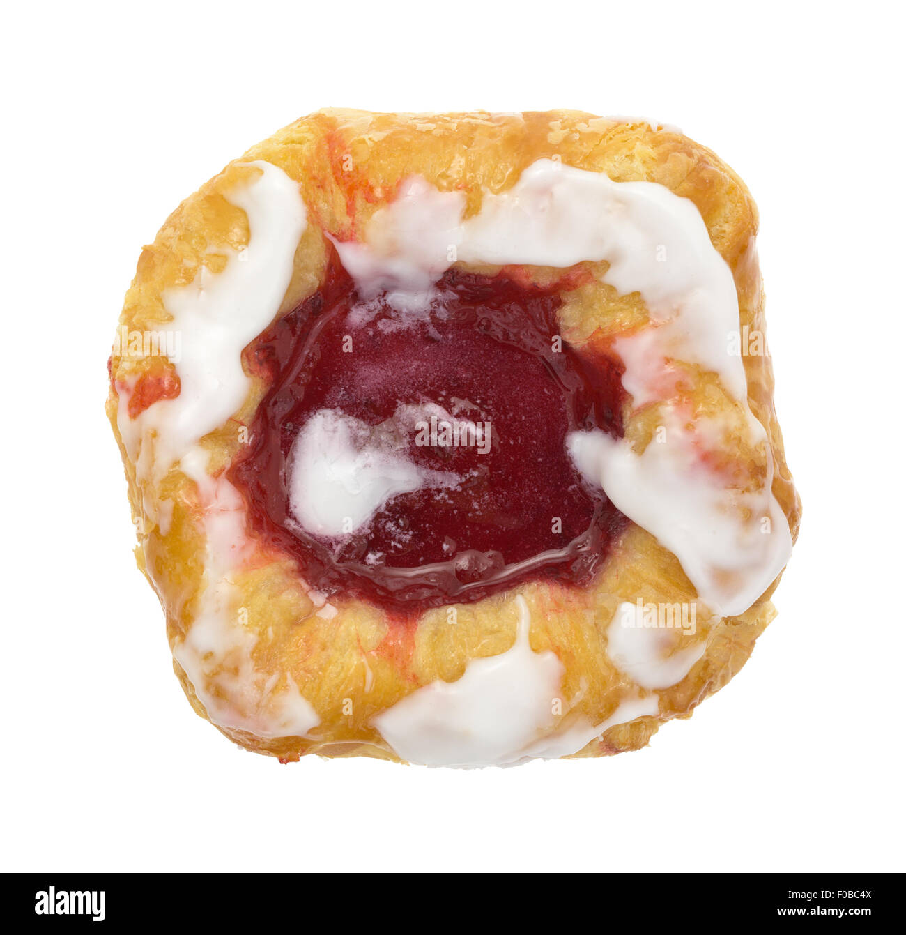 Top view of a single freshly baked raspberry filled danish pastry ...