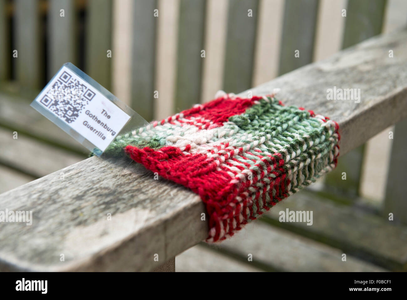 Guerilla Knitting street art on a bench in Burford Cotswolds ...