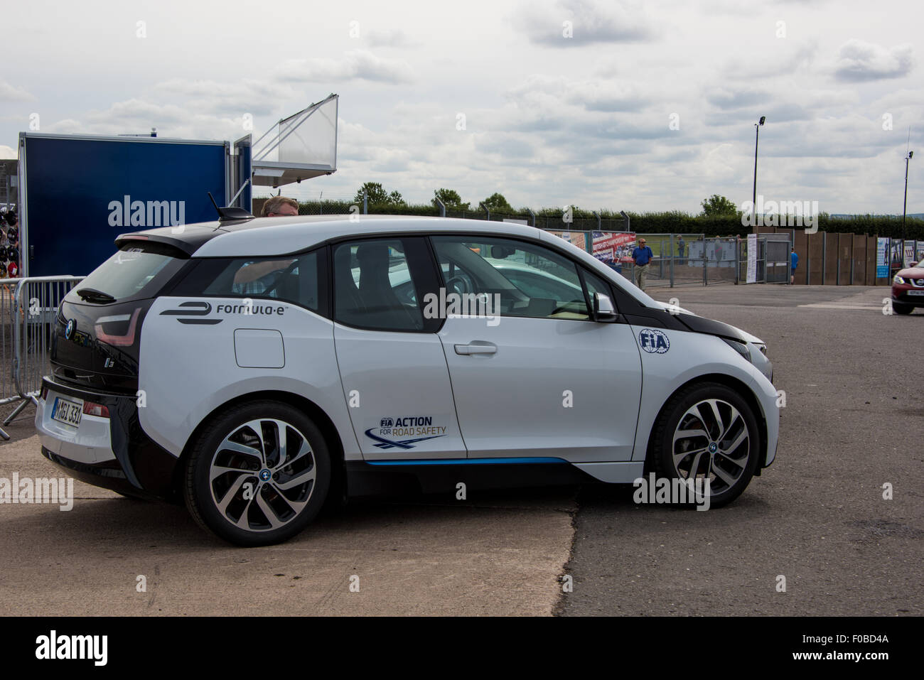 BMW i3 car covered in Formula E sponsorship logos at Donington Raceway ...