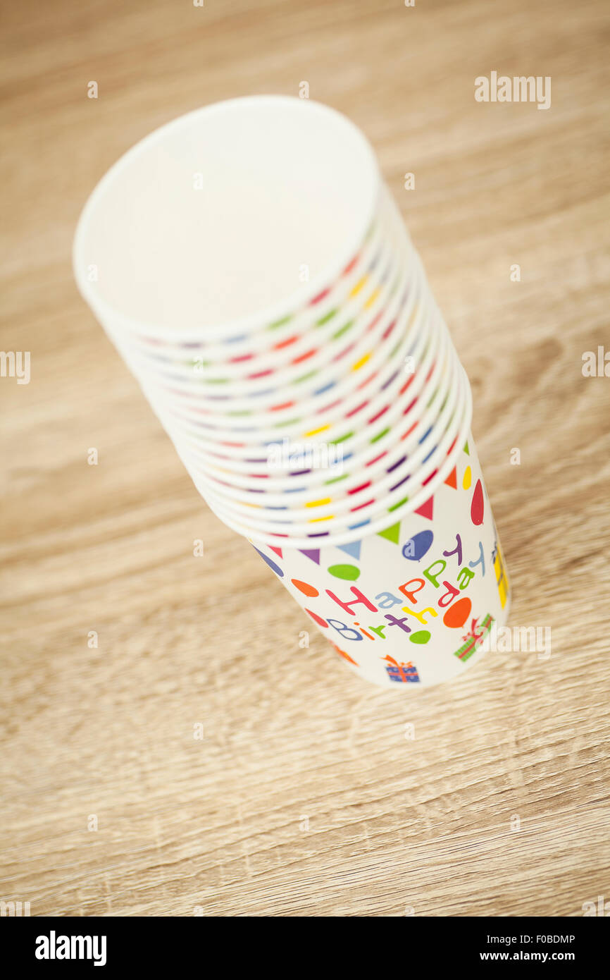 Stack of Happy Birthday paper cups with balloons and bunting image on ...