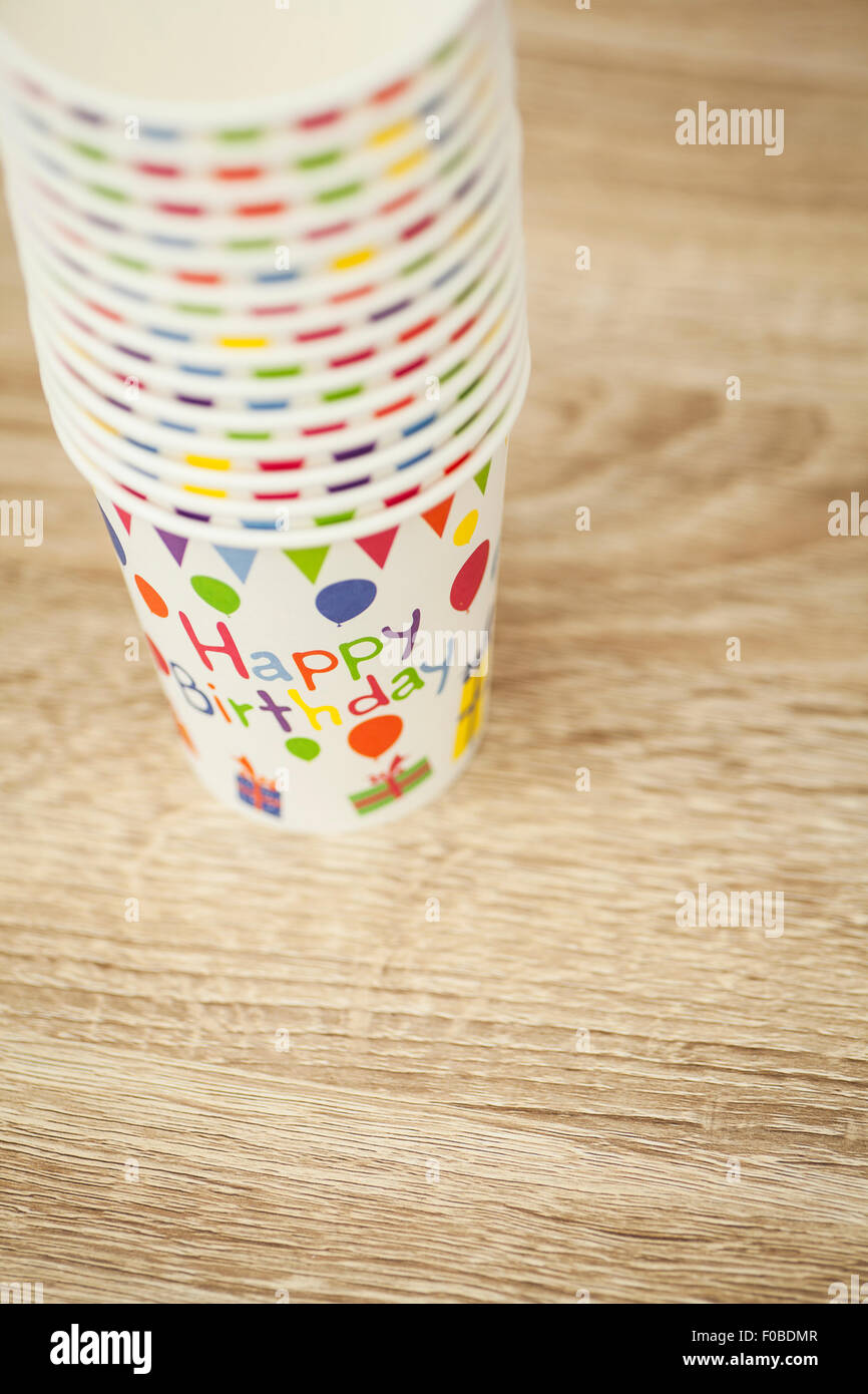 Stack of Happy Birthday paper cups with balloons and bunting image on ...