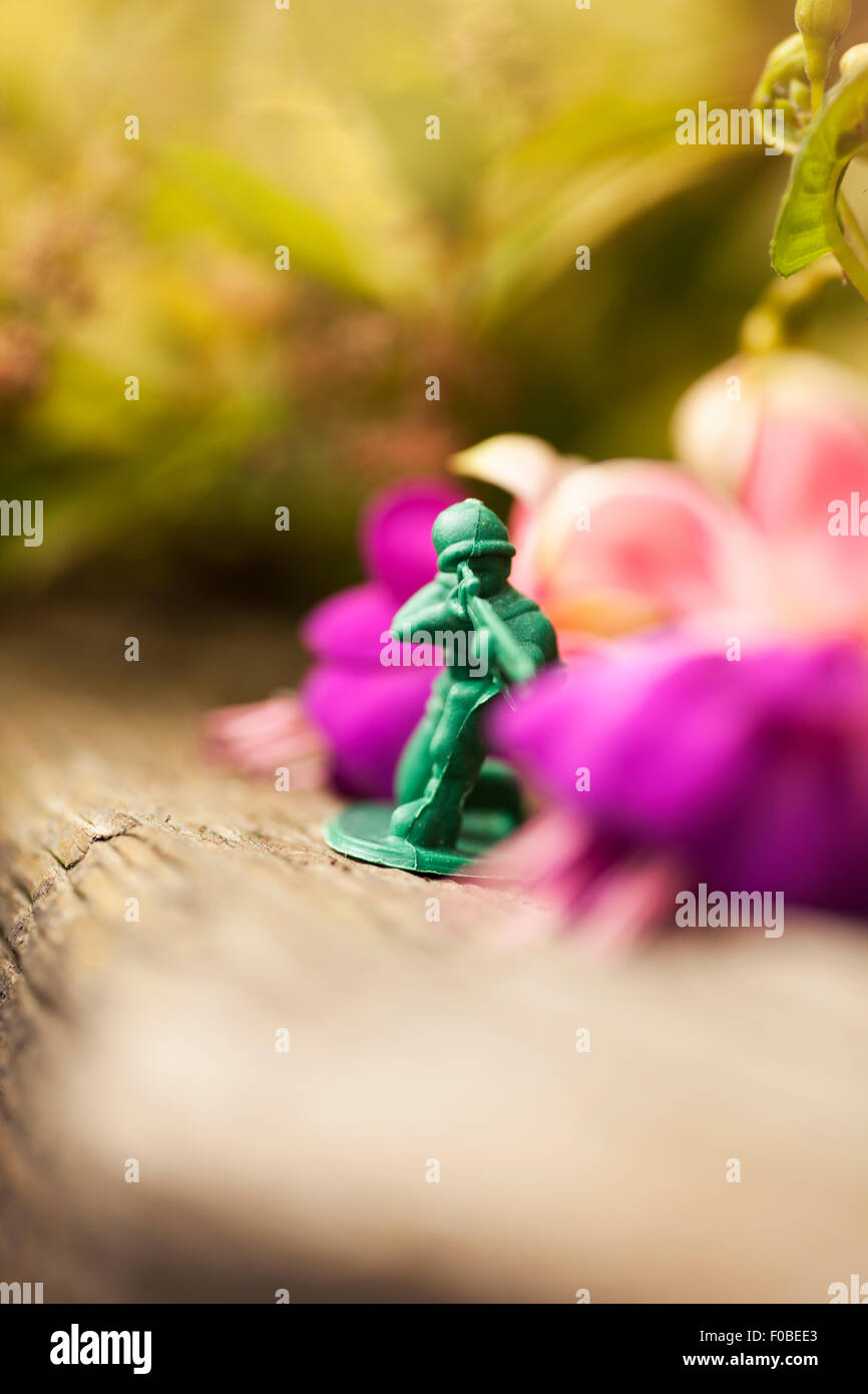 Green plastic toy soldiers/army men on a mission in the back garden ...