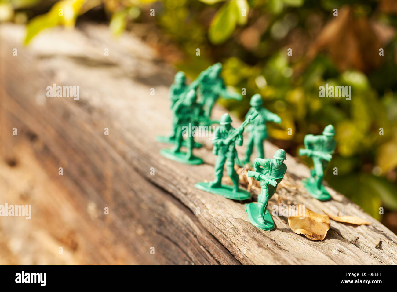 Green plastic toy soldiers/army men on a mission in the back garden ...