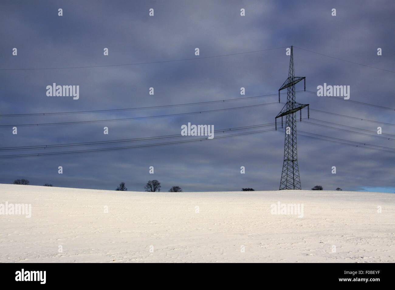 winter landscape and mast electrical wiring and gloomy sky Stock Photo ...