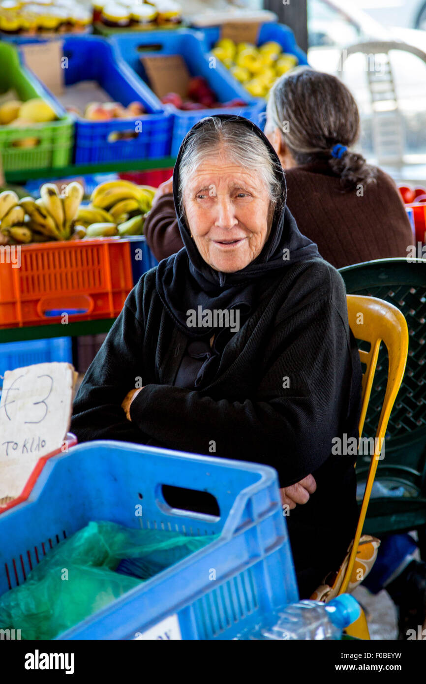 Lady market stall holder in the market in Paphos Old Town, Cyprus Stock ...