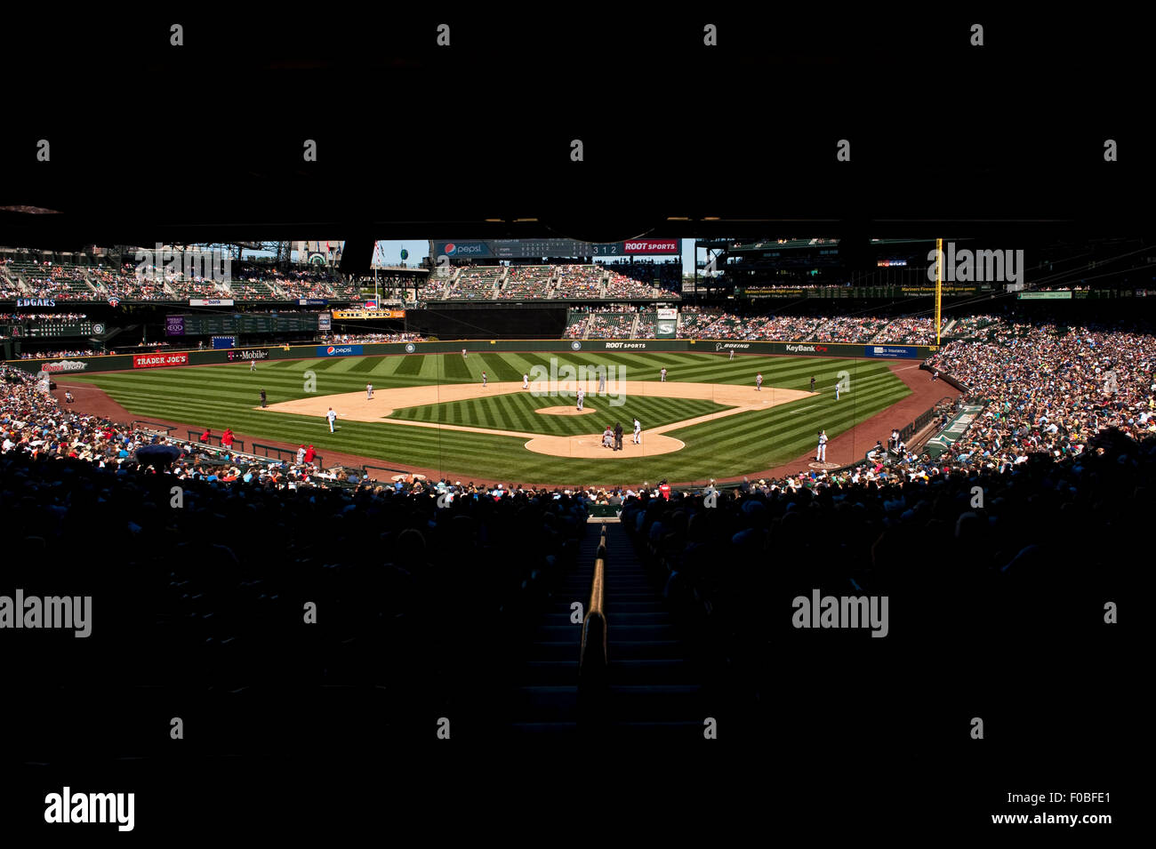 Retro image of Baseball game at Safeco field with Seattle Skyline on a ...