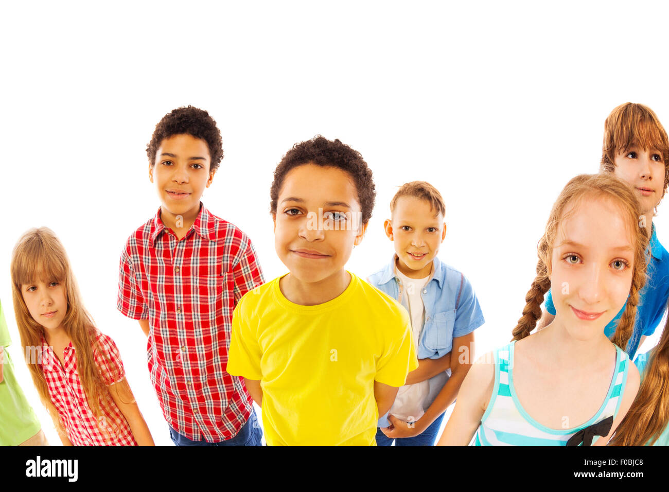 Kids stand together boys and girls look up Stock Photo - Alamy