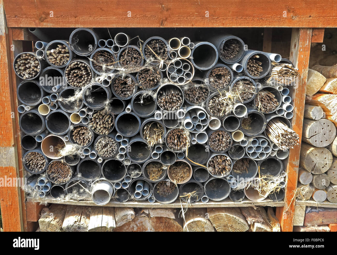 A structure with wooden and plastic tubes in which gives bugs and ...