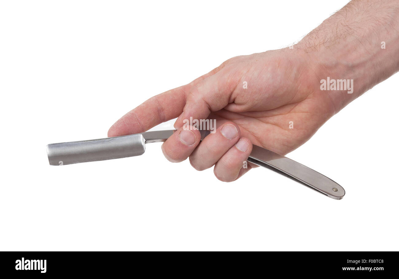 Old straight razor held by one hand, isolated on white Stock Photo - Alamy