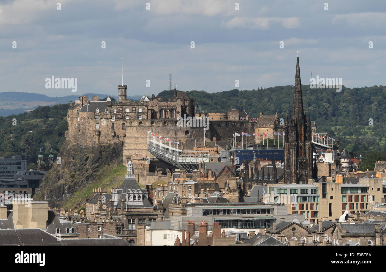 Edinburgh Castle Tattoo stage and spire of Cafe Hub Scotland August ...