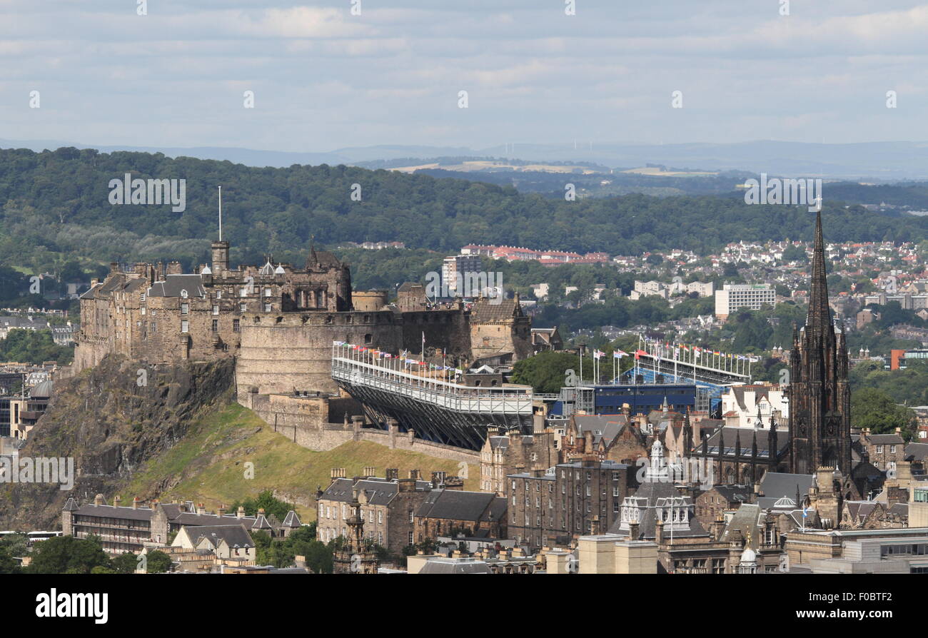 Edinburgh Castle Tattoo stage and spire of Cafe Hub Scotland August ...
