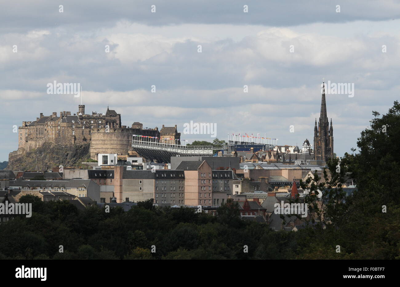 Edinburgh Castle Tattoo stage and spire of Cafe Hub Scotland August ...