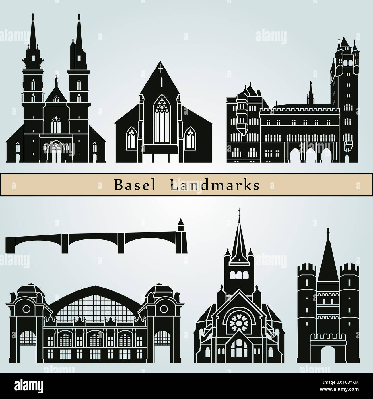 Basel landmarks and monuments isolated on blue background in editable ...