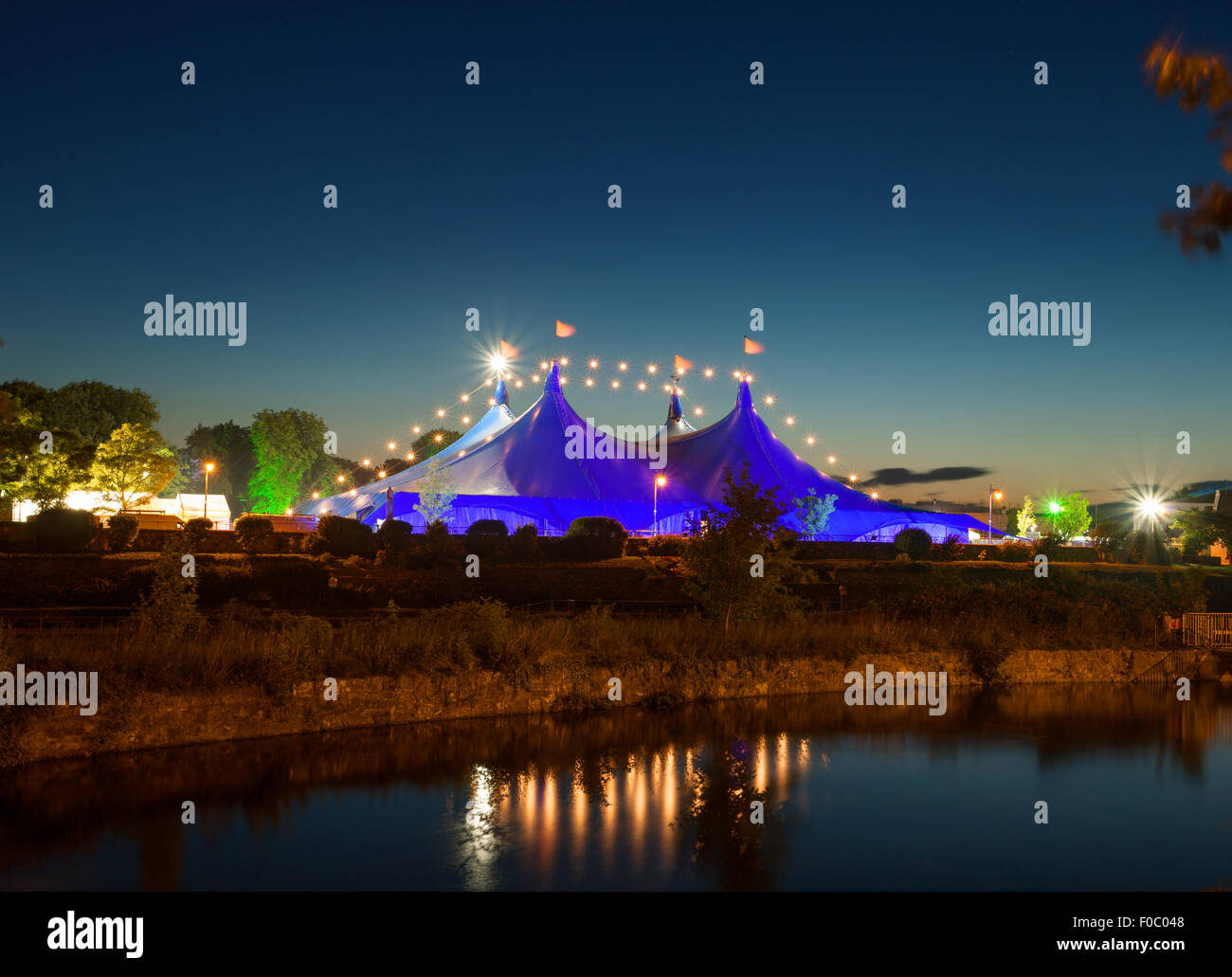 "Big Top" circus style blue tent and Galway Cathedral on the bank of ...