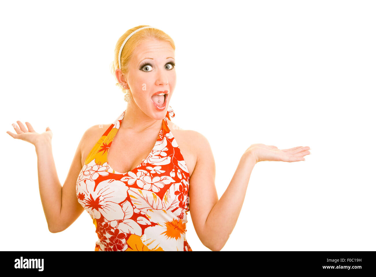 Blonde attractive happy woman shrugging her shoulders Stock Photo - Alamy