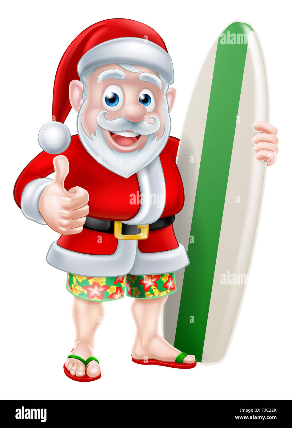 Cartoon of surfing Santa Claus holding a surf board and giving a thumbs ...