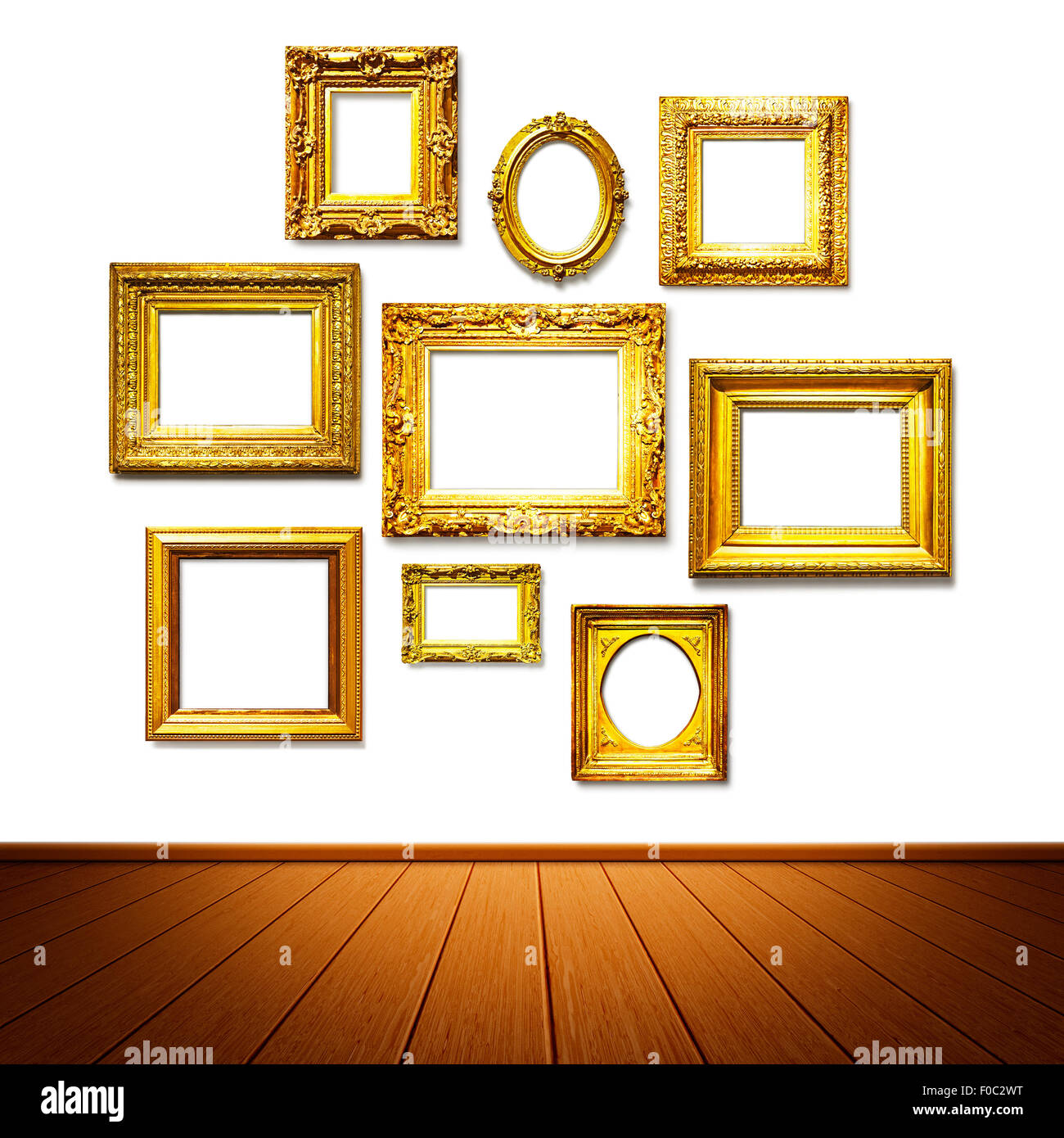 Antique golden frames on the wall. Art gallery. Objects group on white ...