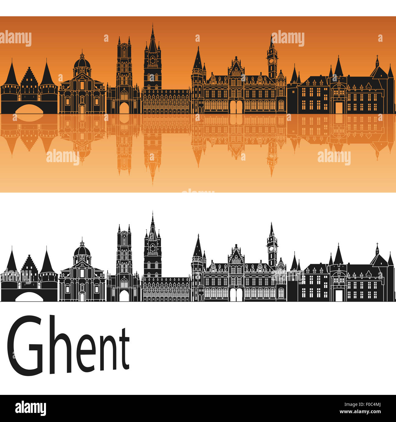 Ghent skyline in orange background in editable vector file Stock Photo ...